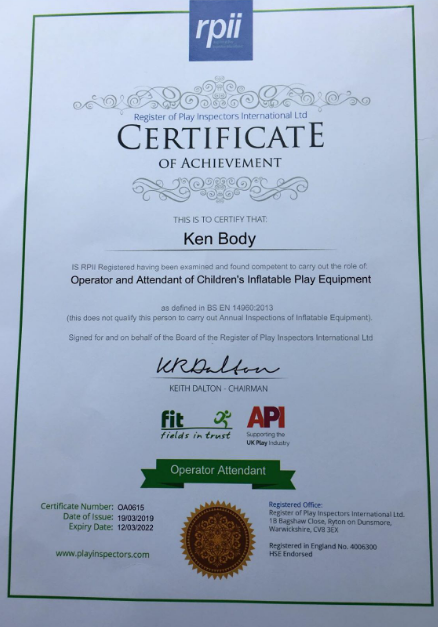Rpii Certificate - Bellyflops Amusements Hire | Bouncy Castle Hire ...